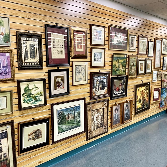 Wall-to-wall memories on display! This impressive gallery of framed artwork offers everything from landscapes to abstracts at prices that make art collecting accessible.