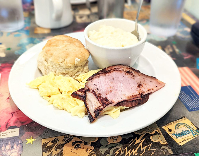 Country ham, fluffy scrambled eggs, and a biscuit that would make your grandmother both proud and jealous.