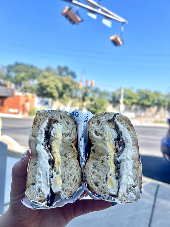 This isn't just a breakfast sandwich&mdash;it's morning architecture. The cross-section reveals layers of flavor that would make a geologist weep.