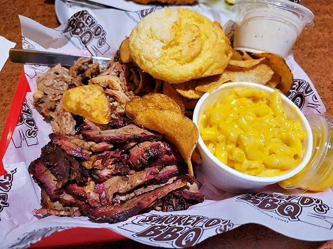 Holy smokes! This plate is what BBQ fantasies are made of &ndash; brisket so tender it practically slices itself and pulled pork that'll make you weak in the knees.