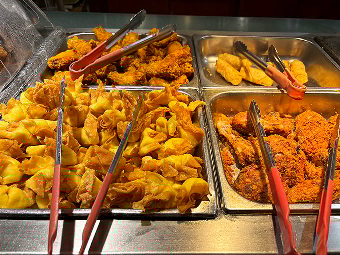 Golden treasures await at the fried section &ndash; crab rangoons and chicken morsels that crunch with satisfying authority when you bite into them.