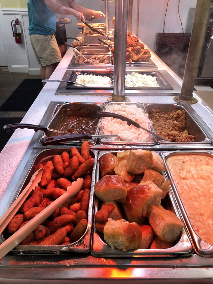 The buffet line at Casey's is where strategy meets desire. Veterans know to take a reconnaissance lap first.