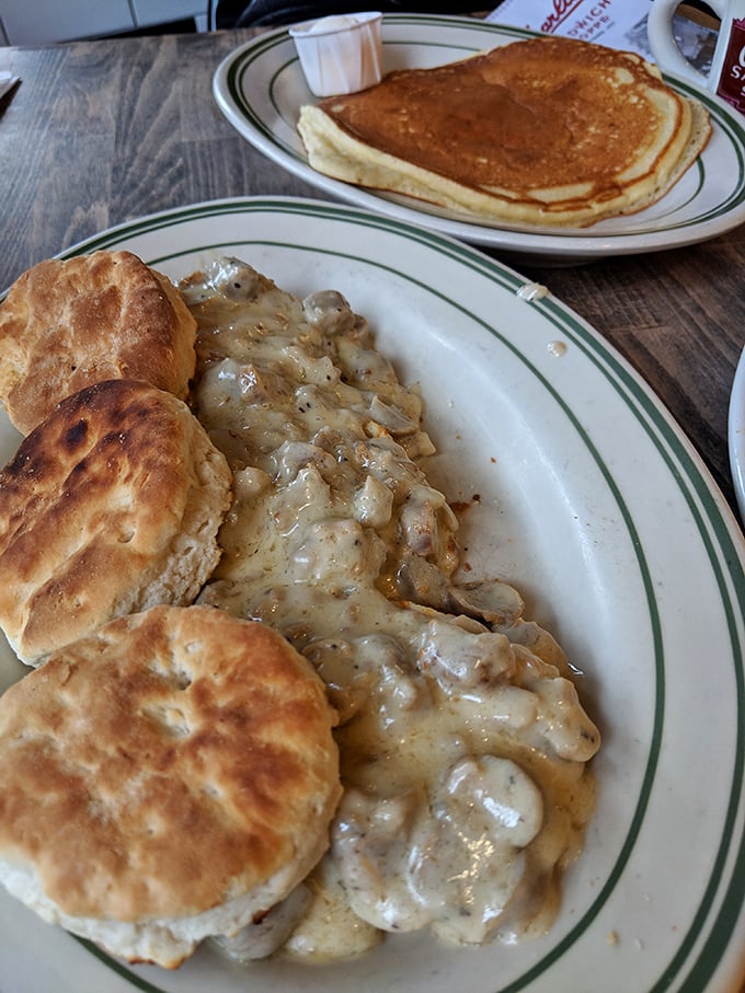 Biscuits and gravy that could make a Southerner weep with joy, paired with a pancake the size of your childhood dreams.