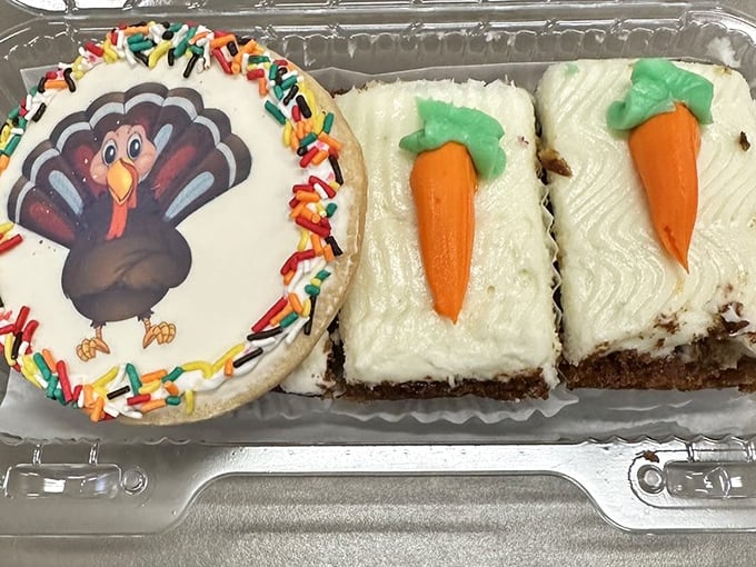 Holiday magic in pastry form! Those carrot cake squares might technically contain vegetables, but let's not kid ourselves about nutritional value.