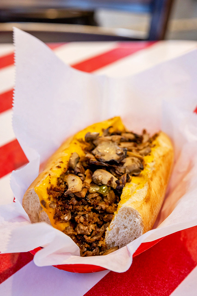 Behold the mushroom cheese steak in its natural habitat—a sandwich so perfect it makes you wonder why you'd eat anything else.