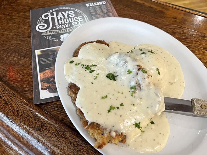 Behold the crown jewel: chicken fried steak swimming in peppery country gravy that could make a vegetarian question their life choices.