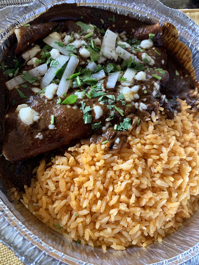Mole sauce so complex it could file its own tax return. The chicken enchilada bathes luxuriously in this chocolate-tinged masterpiece alongside perfectly seasoned rice.