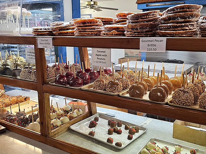 Caramel apples that would tempt Snow White herself. These glistening orbs of fruit transform the humble apple into a decadent masterpiece.