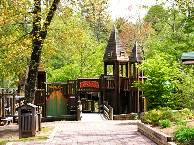 Not your average playground! Brevard's whimsical wooden castle structure invites children to rule their own magical kingdom amid the trees.