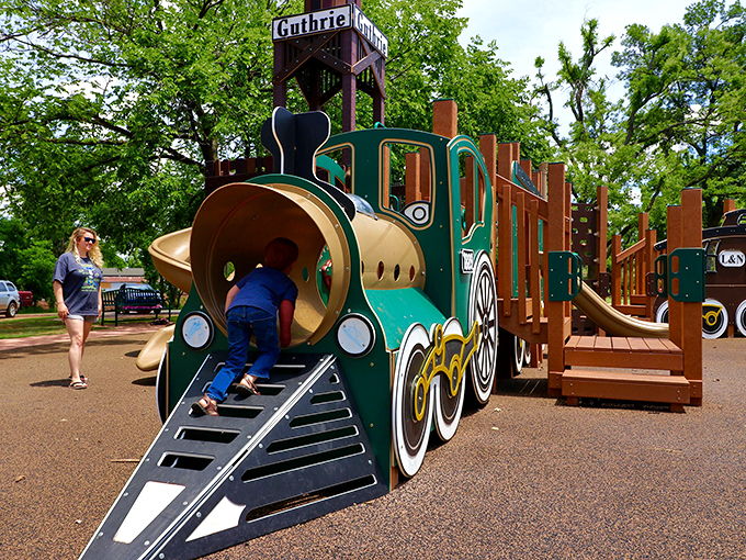 This train playground proves Guthrie understands childhood joy better than most—no batteries required, just pure imagination and the occasional skinned knee.