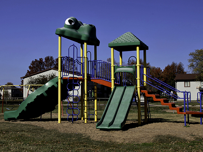 Even the playground equipment in Marion has personality—this frog slide has probably launched more childhood giggles than any amphibian in Southern Illinois.