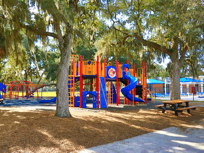 Where childhood laughter meets Spanish moss: Main Beach Park offers playgrounds shaded by centuries-old live oaks&mdash;nature's perfect air conditioning.