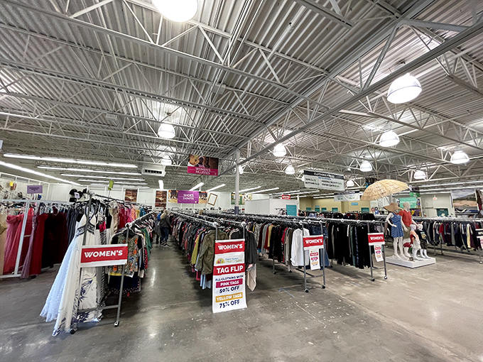 The women's clothing section is organized better than my retirement plan, with color-coded racks that make finding that perfect blouse surprisingly painless.