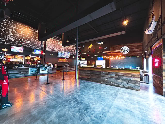 Industrial-chic meets racing culture in the lobby where dreams of podium finishes begin. Even the lighting screams "start your engines!"