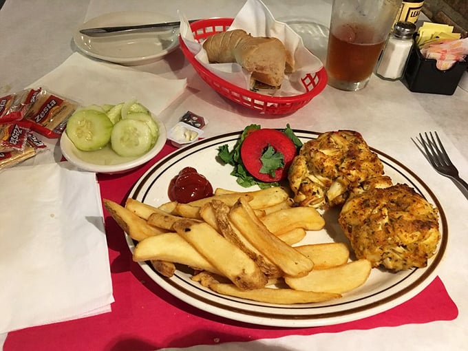 Golden-brown crab cakes that are 90% crab, 10% magic. Paired with crispy fries and fresh broccoli, it's the Maryland trinity of deliciousness.