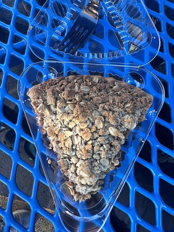 This crumb-topped beauty isn't just dessert—it's architecture, engineering, and pure joy stacked in perfect harmony on a blue picnic table.