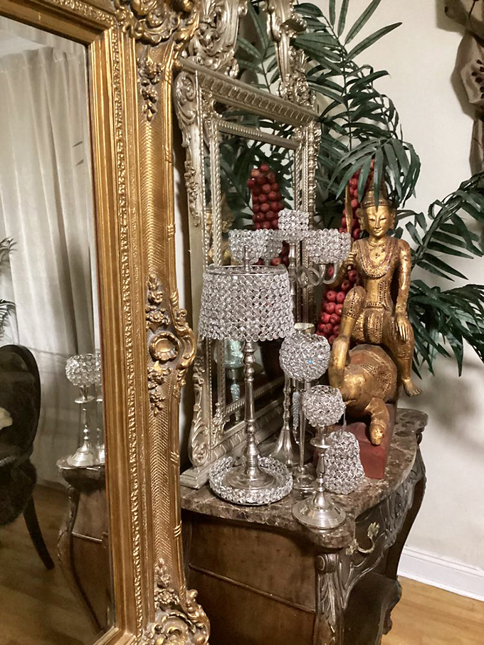 Opulent meets eclectic in the home decor section. That ornate mirror could turn your bathroom into Versailles' Hall of Mirrors.