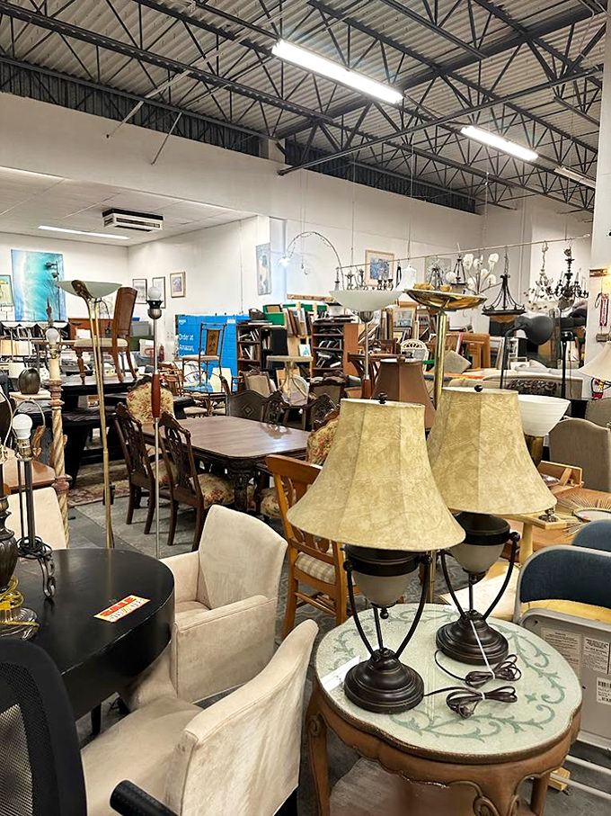 Lamp shades and dining sets coexist in organized chaos – like a dinner party where everyone brought different decades as their plus-one.