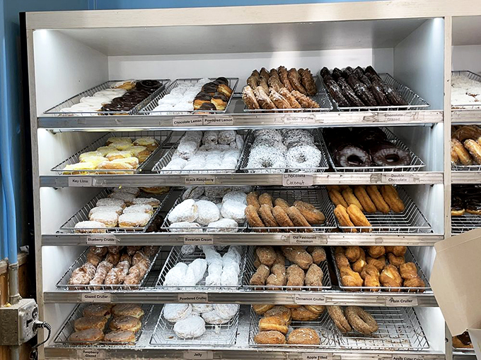 Donut heaven exists, and it's organized on metal racks. Each tray holds a different path to happiness.