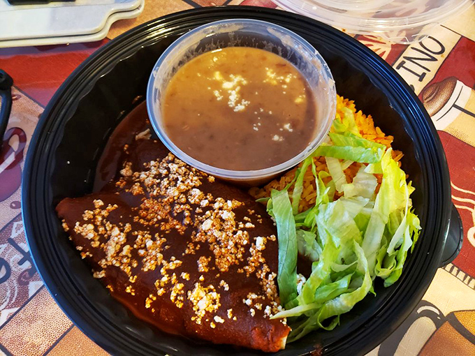 This enchilada isn't just covered in sauce &ndash; it's bathing in flavor history. The cotija cheese sprinkled on top is like the perfect punchline to a delicious joke.