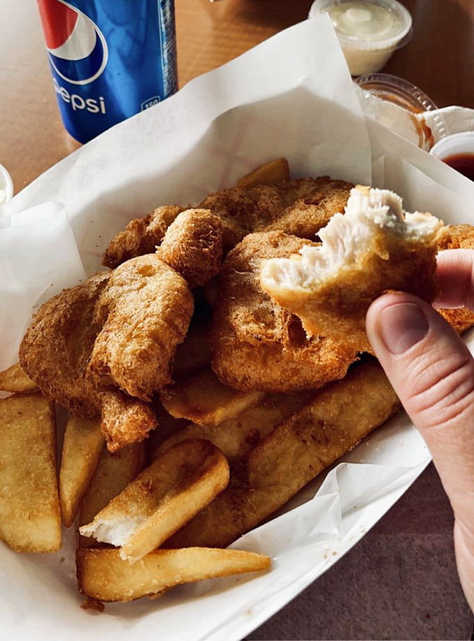 Golden-battered chunks of albacore tuna that shatter with each bite, revealing pearly white flesh within. This isn't fast food&mdash;it's food nirvana.