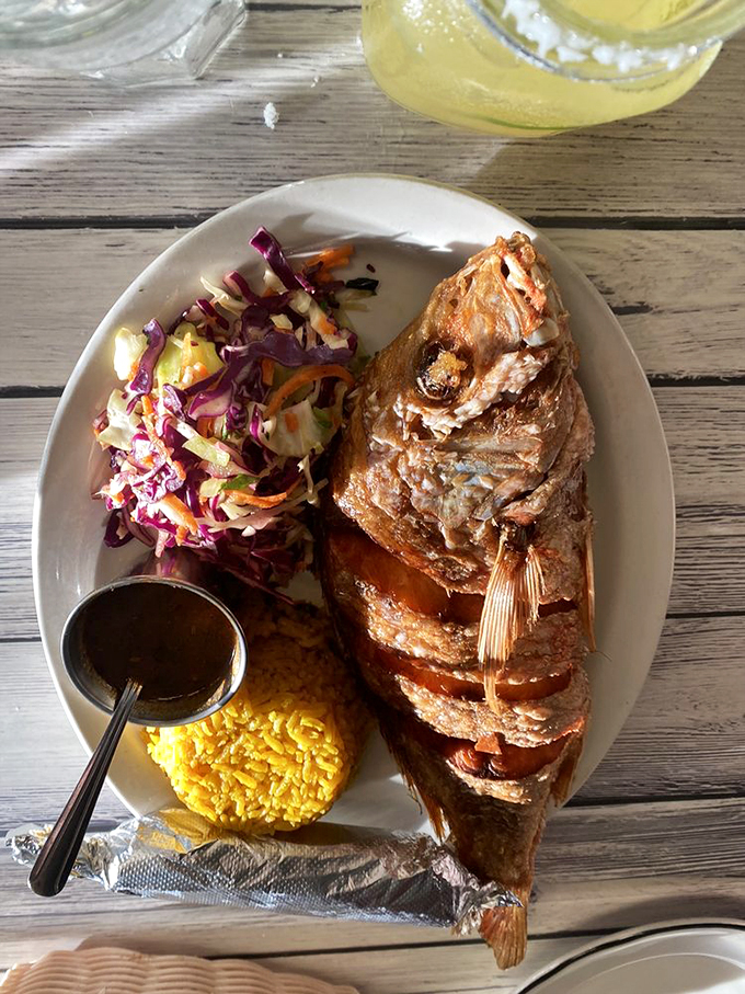 The whole fried snapper arrives like seafood royalty, perfectly crisp and ready to make you forget you're hundreds of miles from any ocean.