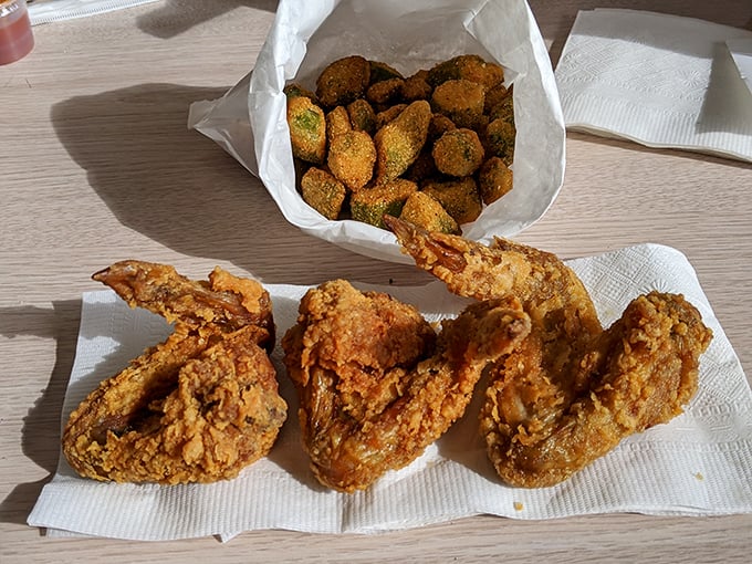 Golden-brown chicken pieces nestled beside crispy okra nuggets&mdash;a southern duet that makes you wonder why you'd ever waste time at a chain restaurant.