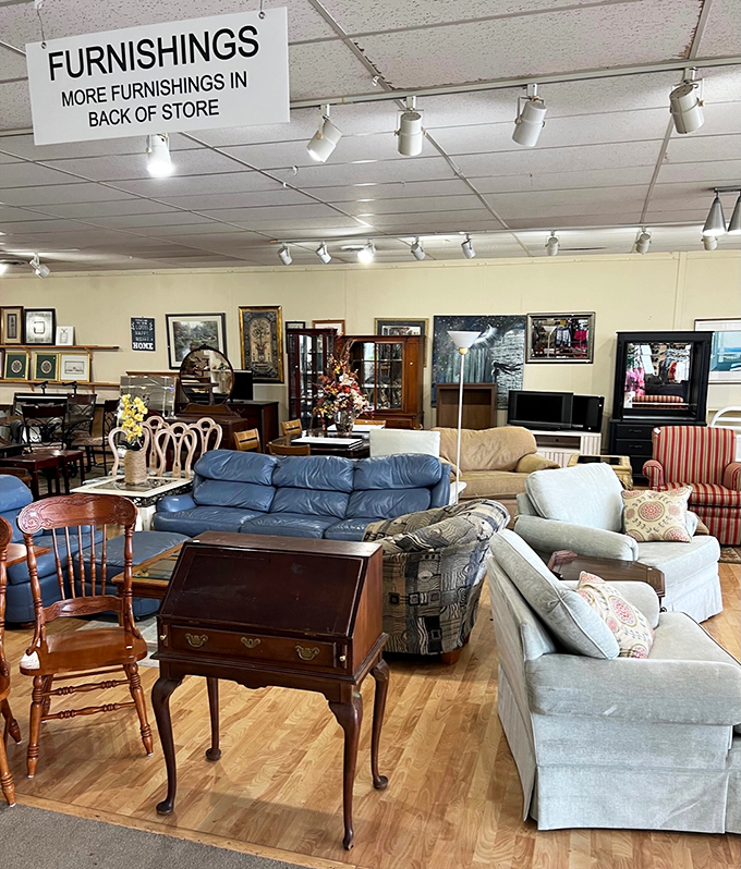 The furniture section feels like a living room time machine – that blue sofa has definitely seen some '80s sitcom marathons.
