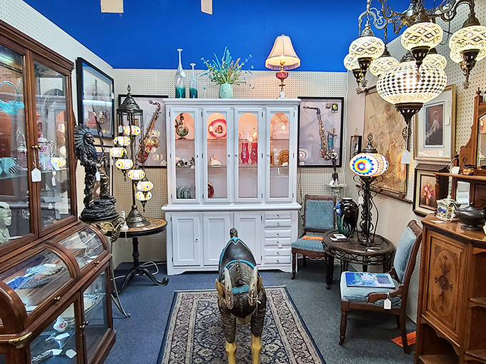 Wicker wonderland! This booth's carefully curated collection of baskets and woven treasures would make even Marie Kondo pause to appreciate their organized charm.