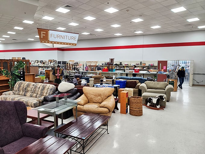 The furniture section: where mid-century gems and comfy couches mingle like guests at a party where everyone's invited but nobody's paying retail.