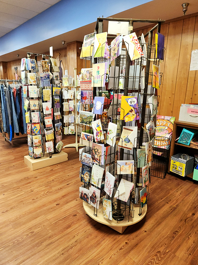 A rotating carousel of greeting cards offers sentiments for every occasion—proof that heartfelt messages never go out of style.