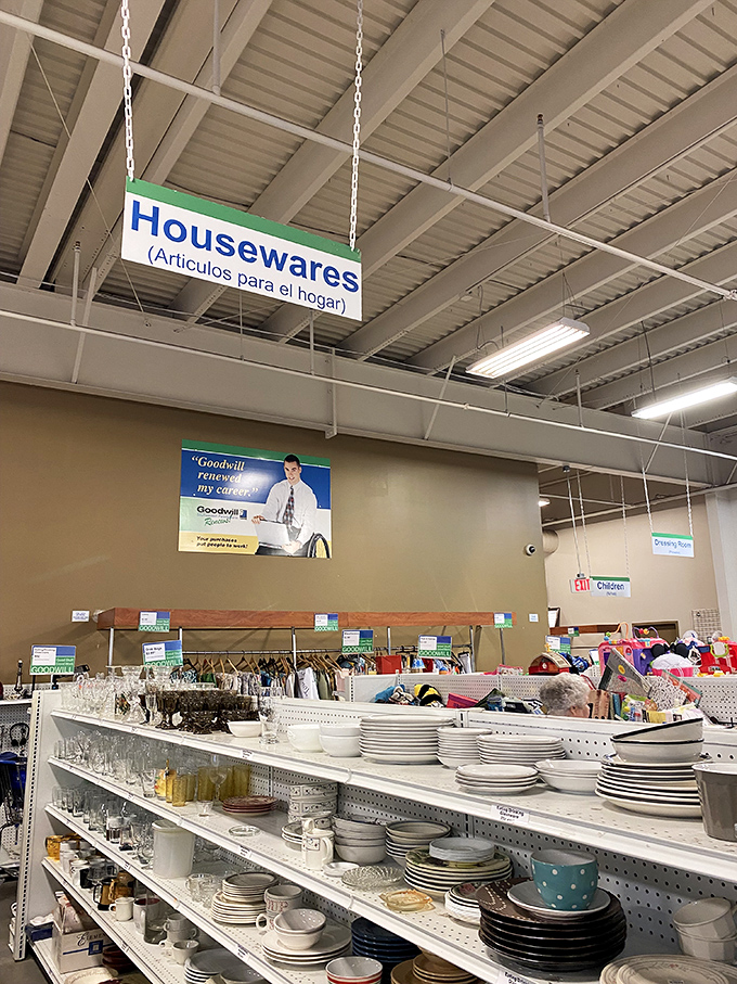 The housewares section: where your grandmother's discontinued china pattern might be waiting to complete your collection. Nostalgia served on a plate!