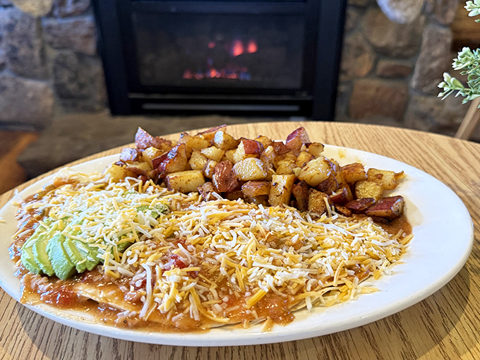 These huevos rancheros have me wondering if I should move to Fairplay. Crispy potatoes, sunny eggs, and green chili&mdash;the mountain breakfast trifecta.