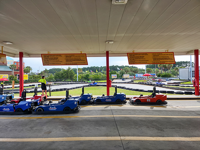 A rainbow of go-karts awaits their drivers. The hardest decision you'll make today: choosing between blue speed, red power, or classic black.
