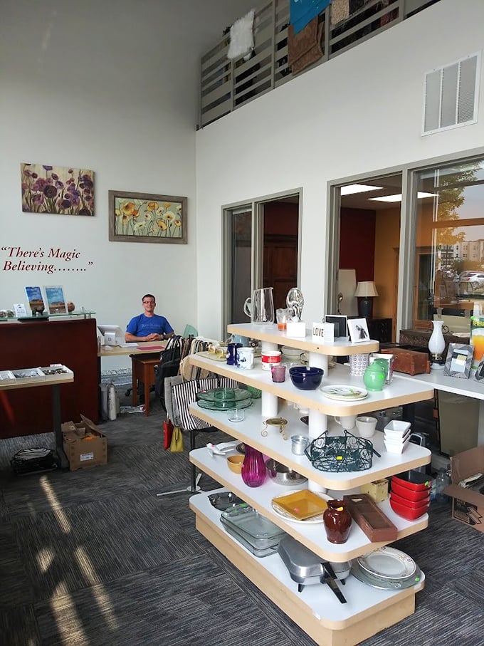 Kitchenware paradise! From forgotten Pyrex to barely-used gadgets, these shelves hold the secret ingredients to budget-friendly home cooking.