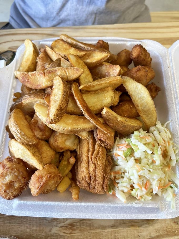 Golden-fried perfection awaits. This platter doesn't need fancy garnishes or artistic presentation&mdash;it lets the seafood speak its own deliciously crispy language.