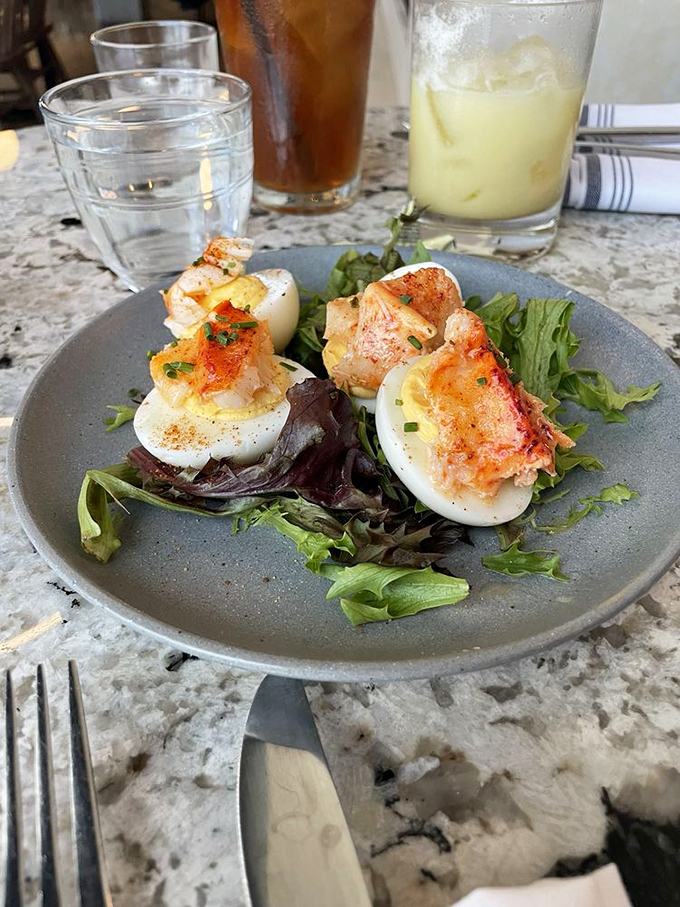 These lobster deviled eggs aren't just appetizers&mdash;they're tiny edible thrones where seafood royalty lounges atop creamy, tangy perfection.