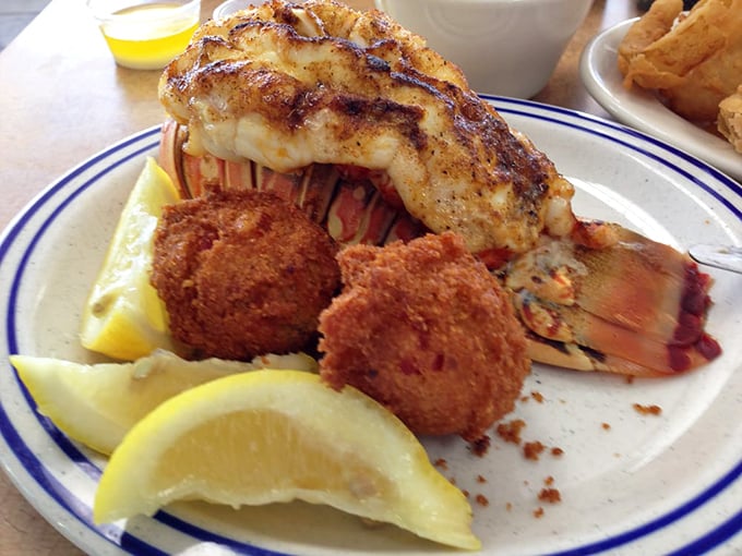This lobster tail isn't just dinner, it's a maritime miracle in landlocked Oklahoma. The perfect char marks tell you everything you need to know.