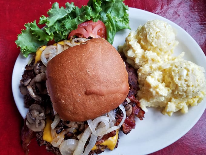 Behold the mythical Gunderburger in its natural habitat! This one-pound beef behemoth makes regular burgers look like sliders in comparison.