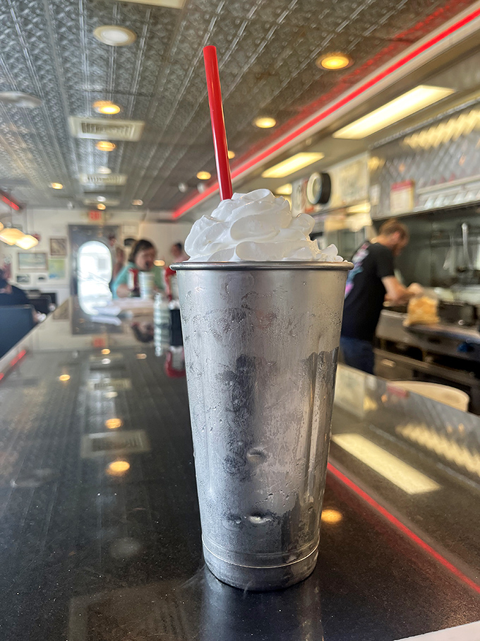 The frosty metal mixing cup delivers twice the milkshake goodness, like getting a bonus episode of your favorite show.