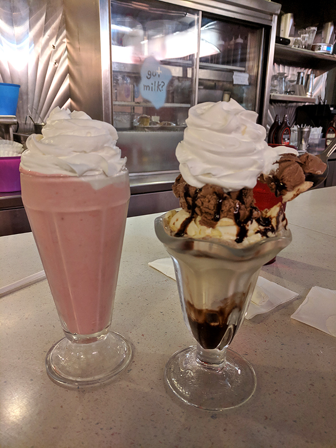 Milkshakes that defy gravity! The strawberry classic and the hot fudge sundae creation aren't just desserts&mdash;they're architectural achievements worthy of their own zip code.