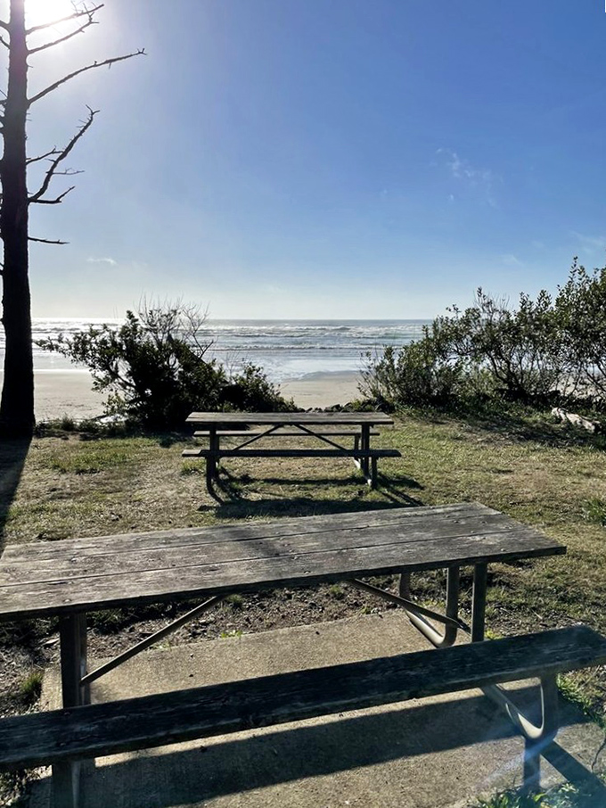 Lunch with a million-dollar view that doesn't cost a penny. These picnic tables should charge admission for the oceanfront real estate they occupy.