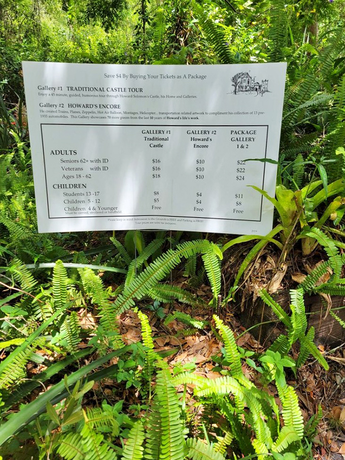 Hidden in the ferns, the price list reveals this isn't Disney-expensive. Solomon knew art should be accessible, even when it's housed in a castle.