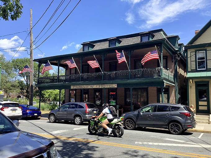 The Parkview Hotel flies Old Glory with pride, its wraparound porch practically begging you to sit a spell with an iced tea and watch the world roll by.