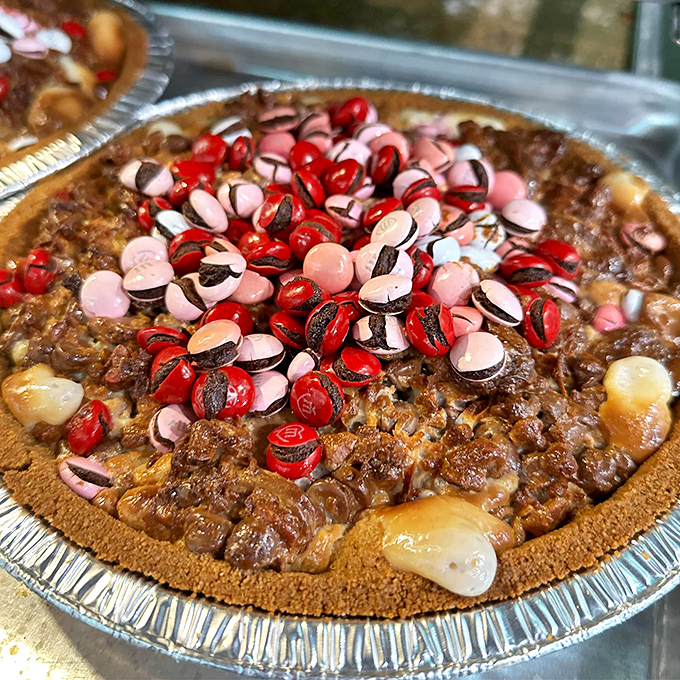 This isn't just pecan pie &ndash; it's a masterclass in textural contrast with those candy pieces playing backup to the star performer.