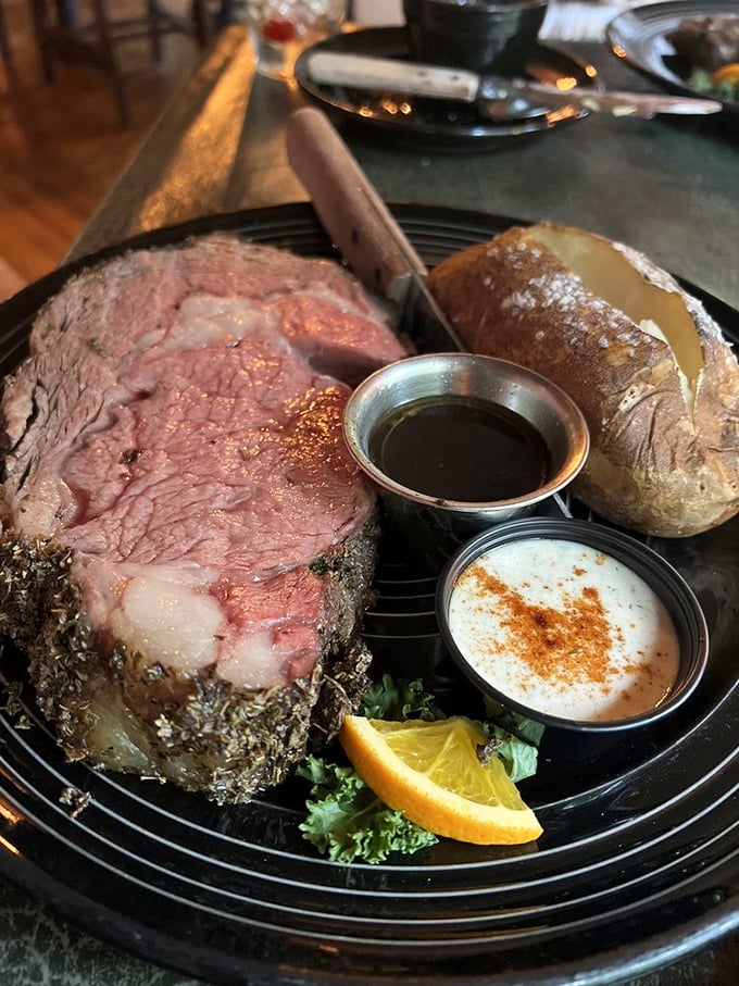 Prime rib so perfectly cooked it should have its own Instagram account. That pink center isn't just a color&mdash;it's a commitment to excellence.