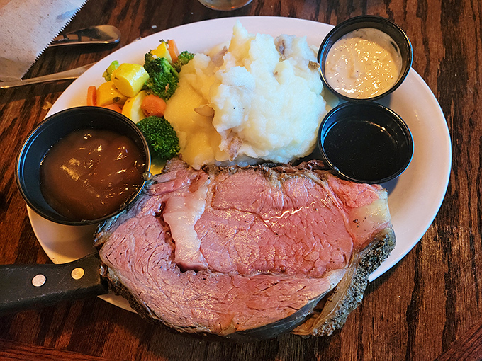 The star of the show: prime rib so perfectly pink it makes flamingos jealous, accompanied by its loyal sidekicks&mdash;mashed potatoes and vegetables.