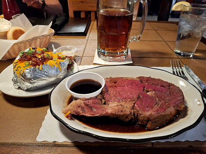 This prime rib isn't just dinner; it's a religious experience. The perfect medium-rare pink center whispers promises your taste buds can't refuse.