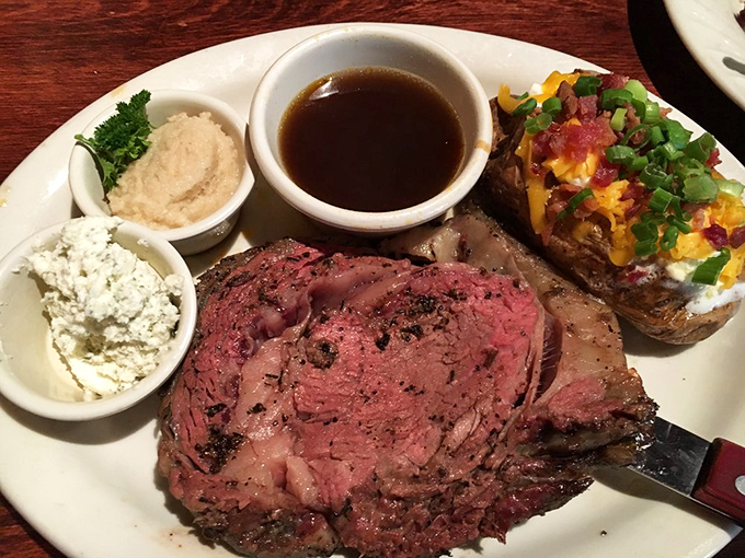 Heaven on a plate! This prime rib, cooked to rosy perfection, comes with all the fixings that turn a meal into a memory worth savoring.