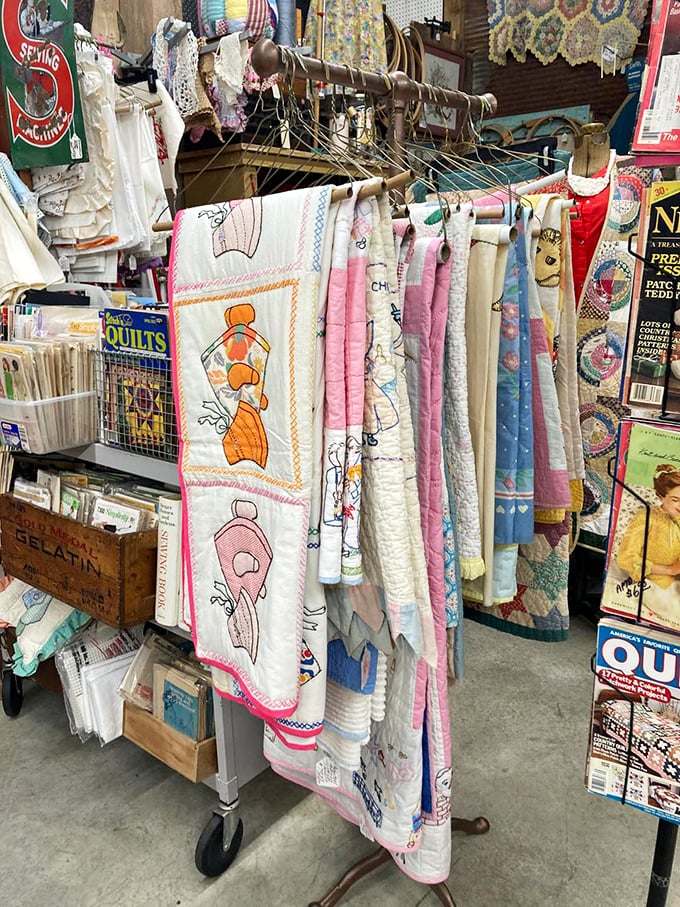 Handstitched memories hang in neat rows&mdash;each quilt represents thousands of careful stitches and generations of craftsmanship that puts modern "fast fashion" to shame.